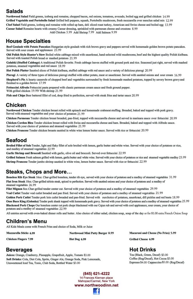 Northwood Inn Menu - NORTHWOOD INN