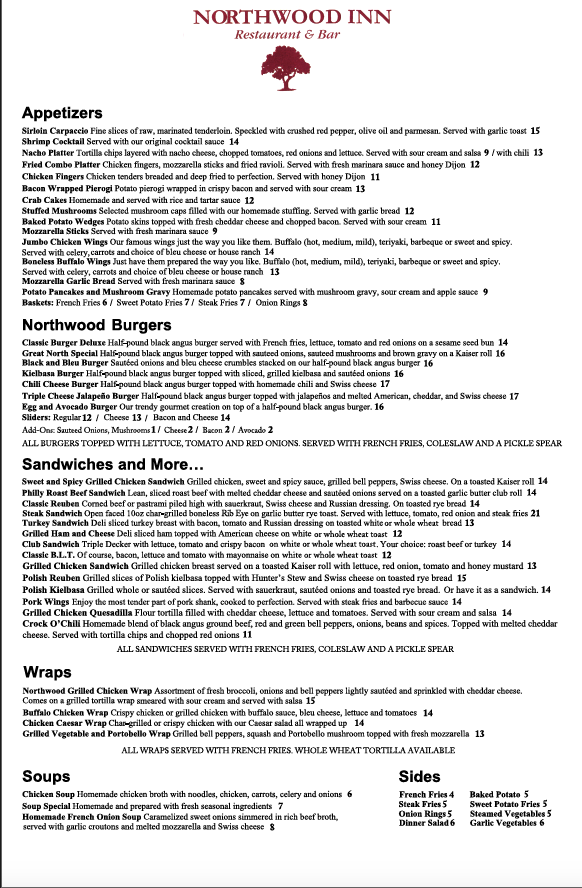 Northwood Inn Menu - NORTHWOOD INN